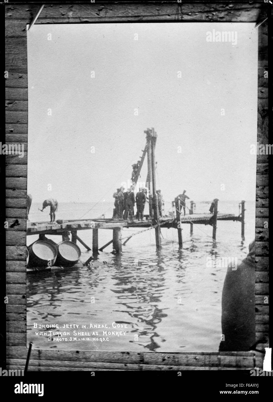 This photograph from circa 1915 shows soldiers constructing a jetty ...