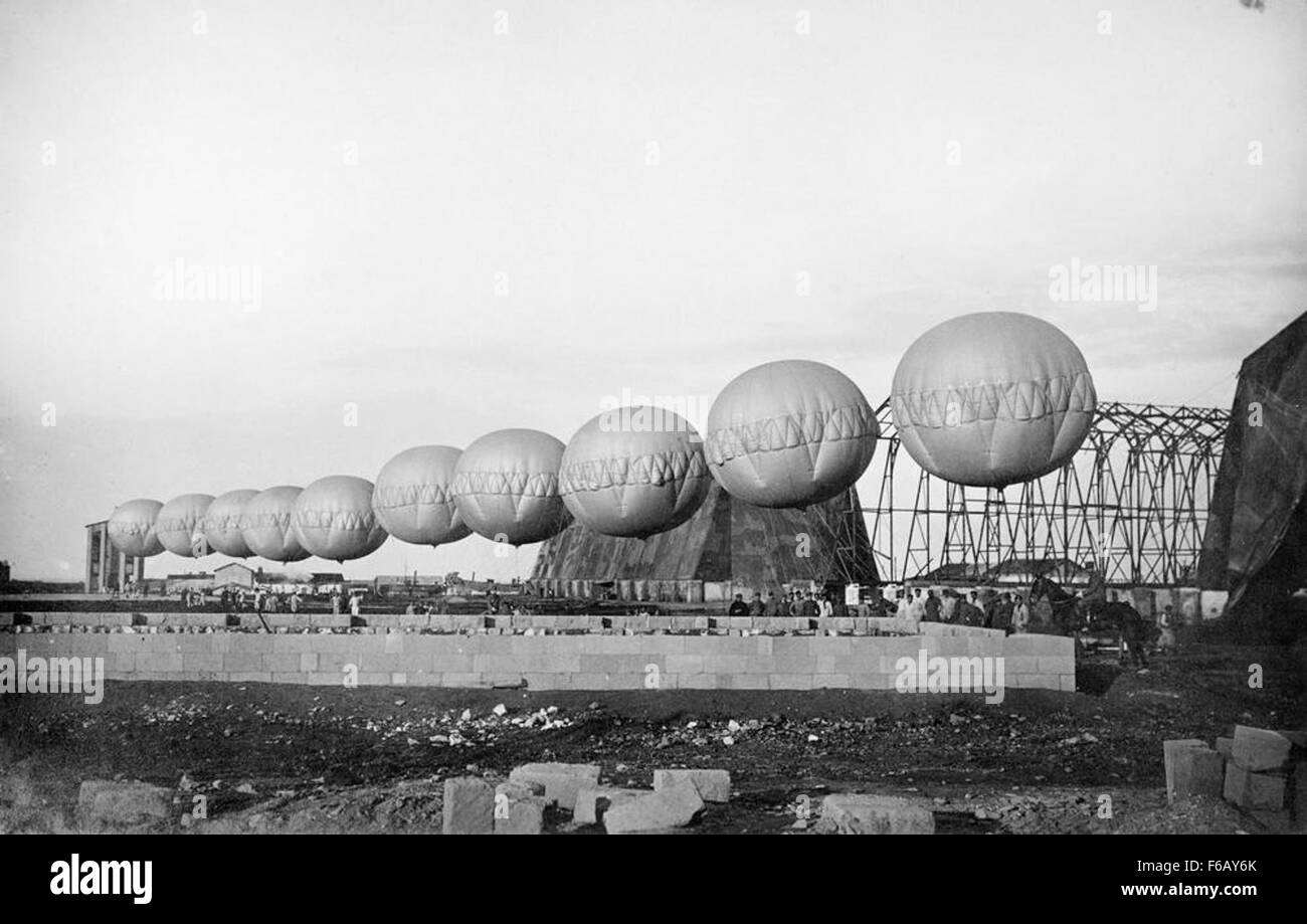 This image depicts a series of spherical barrage balloons, designed to ...
