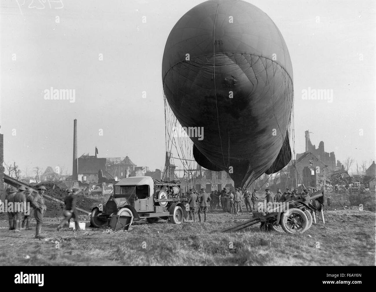 This image captures an observation balloon in preparation for ascension ...
