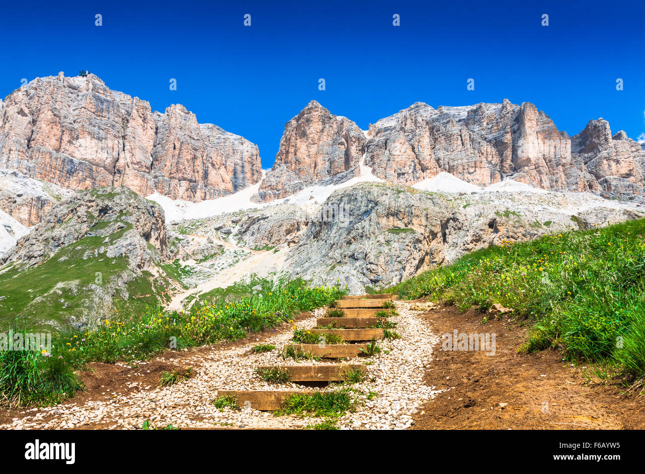 Panorama of Sella mountain range from Sella pass, Dolomites, Italy ...