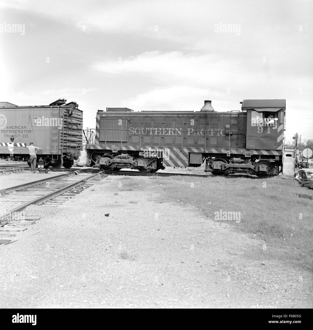 Southern Pacific Diesel Electric Switcher No. 91 is captured operating ...