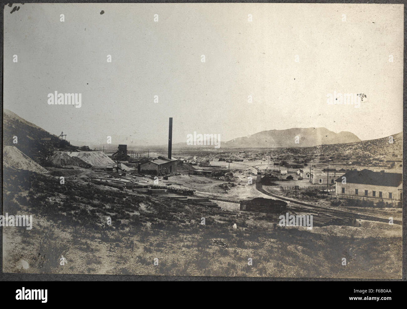 A general view of a mining town with a focus on mining buildings and ...