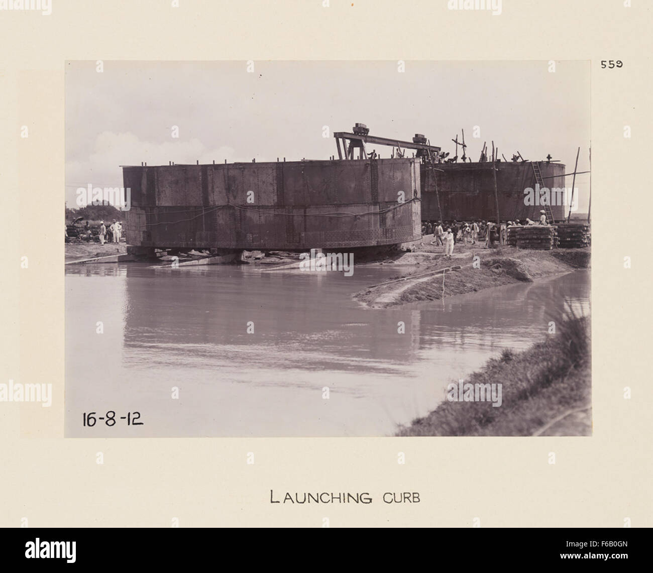 This photograph shows the construction of a curb for launching bridges ...