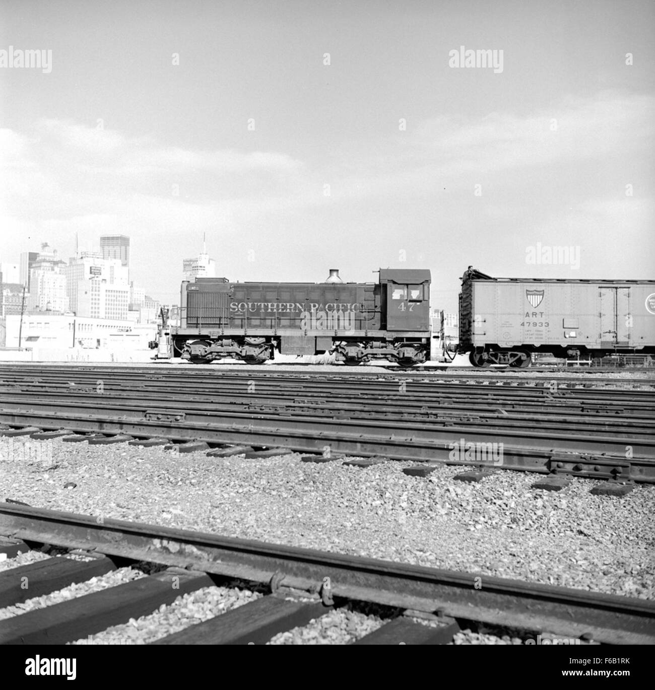 A historical photograph showcasing the Southern Pacific Diesel Electric ...
