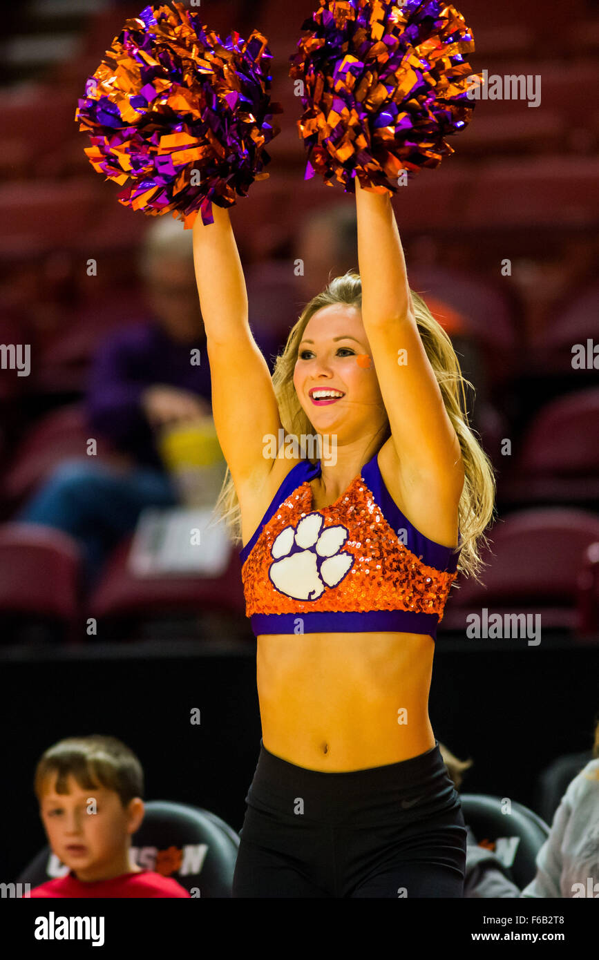 Clemson Rally Cats perform during a timeout in the NCAA Basketball game ...