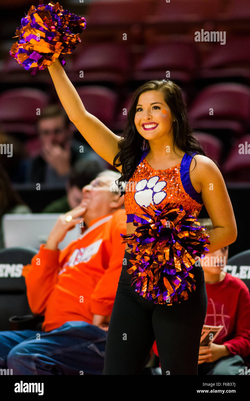 Clemson Rally Cats perform during a timeout in the NCAA Basketball game ...