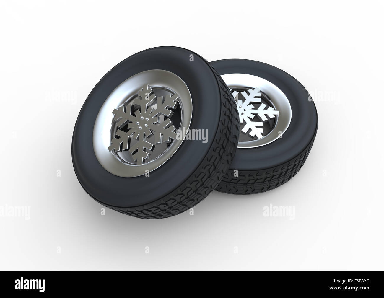Set of winter tires with the rim of snowflake shape isolated on white ...