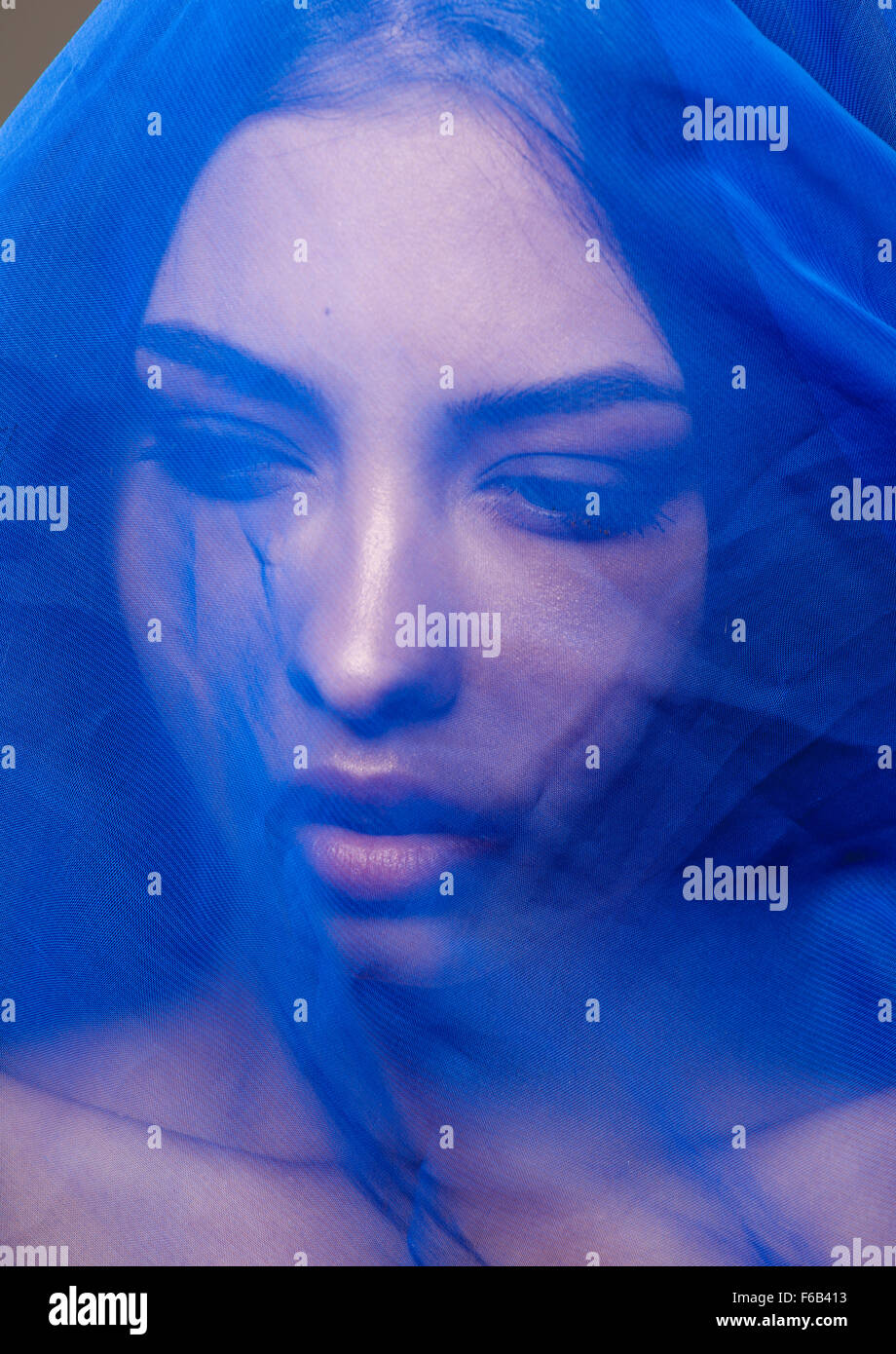 beauty young islamic woman under veil, blue hijab on face close up, art ...