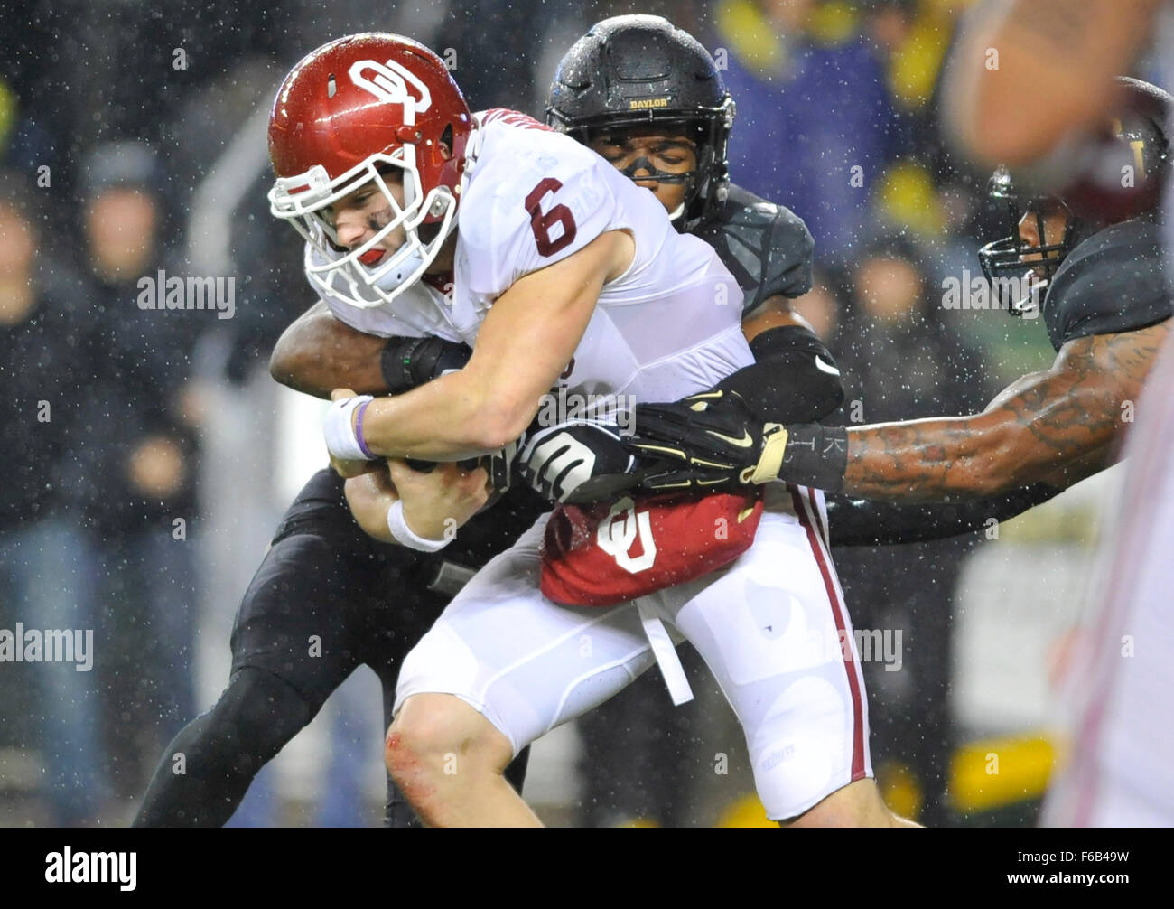 Waco, TX, USA. 14th Nov, 2015. Baylor defensive end Travon Blanchard (48) sacks Oklahoma ...