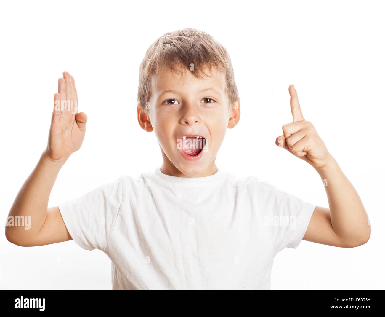 little cute white boy pointing in studio isolated close up Stock Photo ...