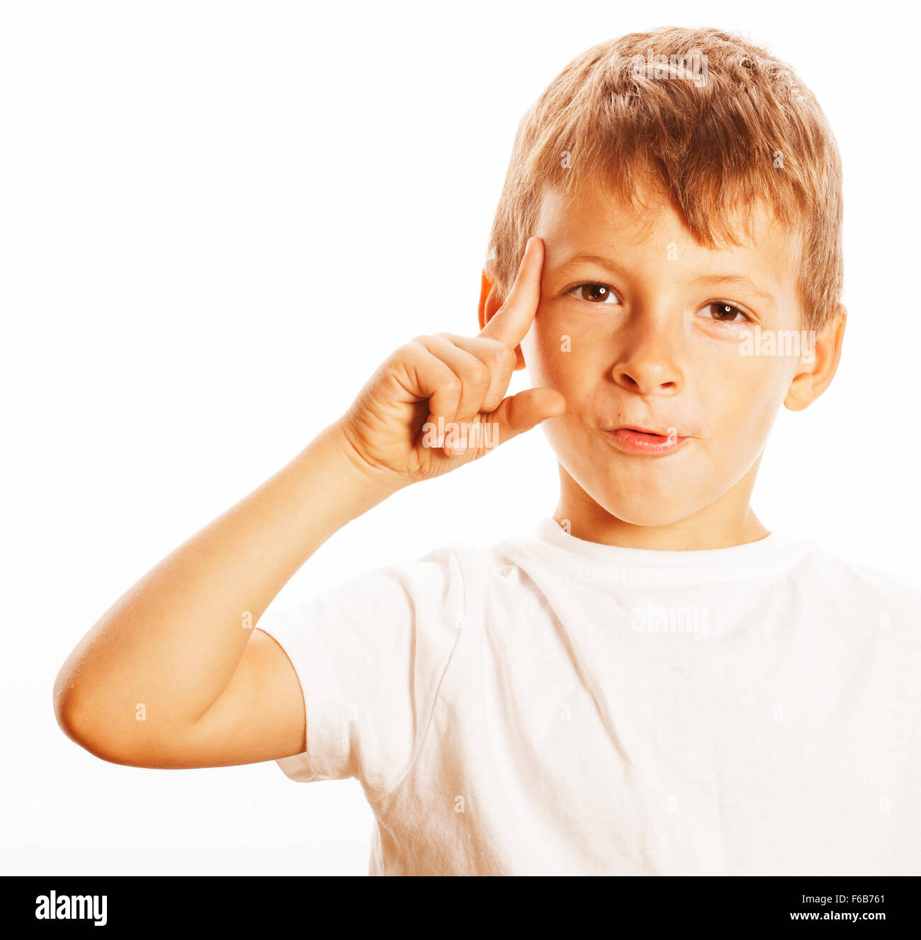 little cute boy thinking gesture isolated on white close up finger ...
