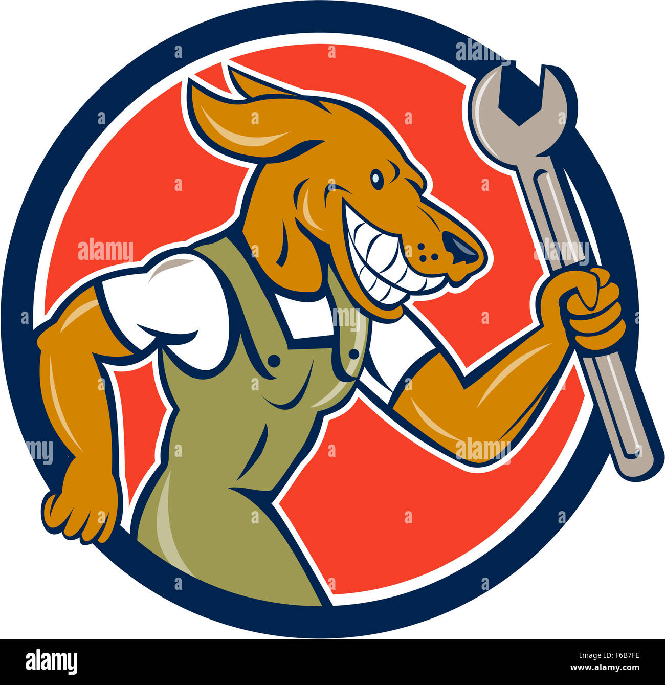 Illustration of a dog mechanic running holding spanner viewed from the ...