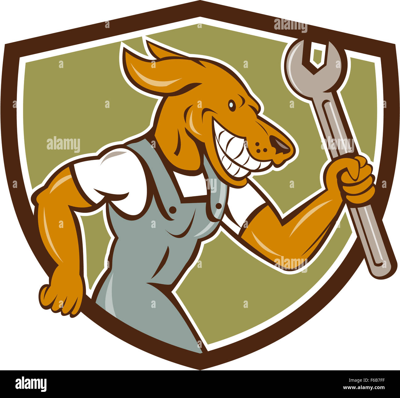 Illustration of a dog mechanic running holding spanner viewed from the ...