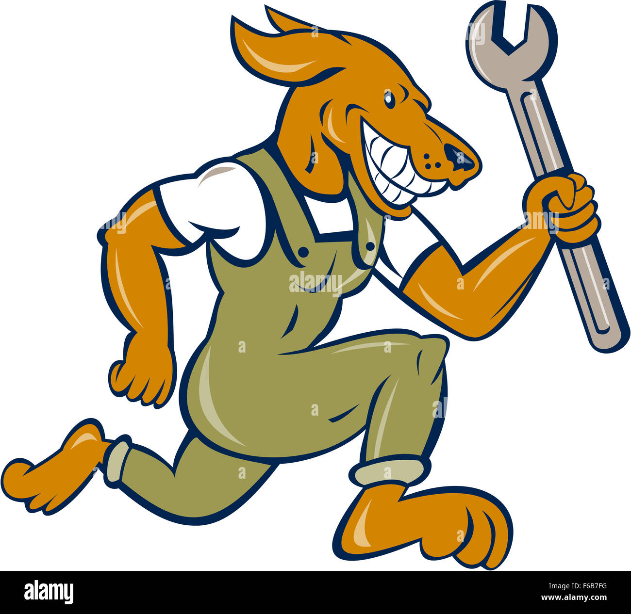 Illustration of a dog mechanic running holding spanner viewed from the ...