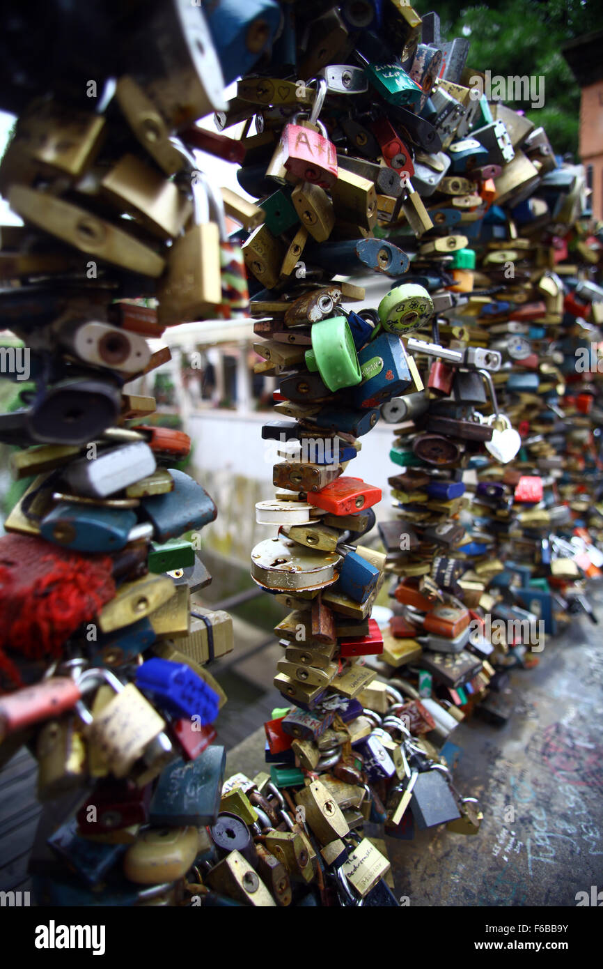 Prague, Czech Republic - June 9, 2015: Color image of many locks on a ...