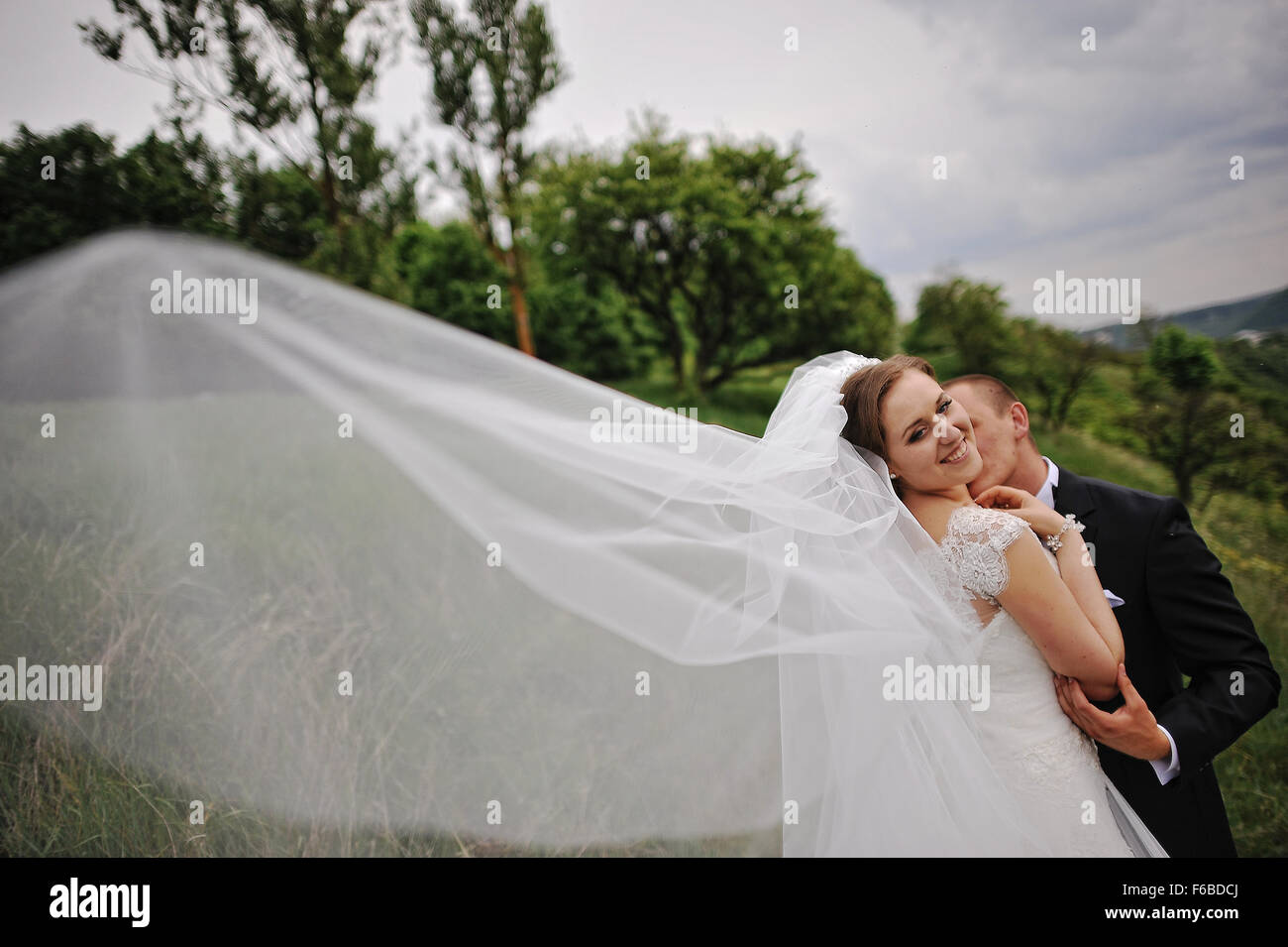 Wedding couple with big bridal veil Stock Photo - Alamy