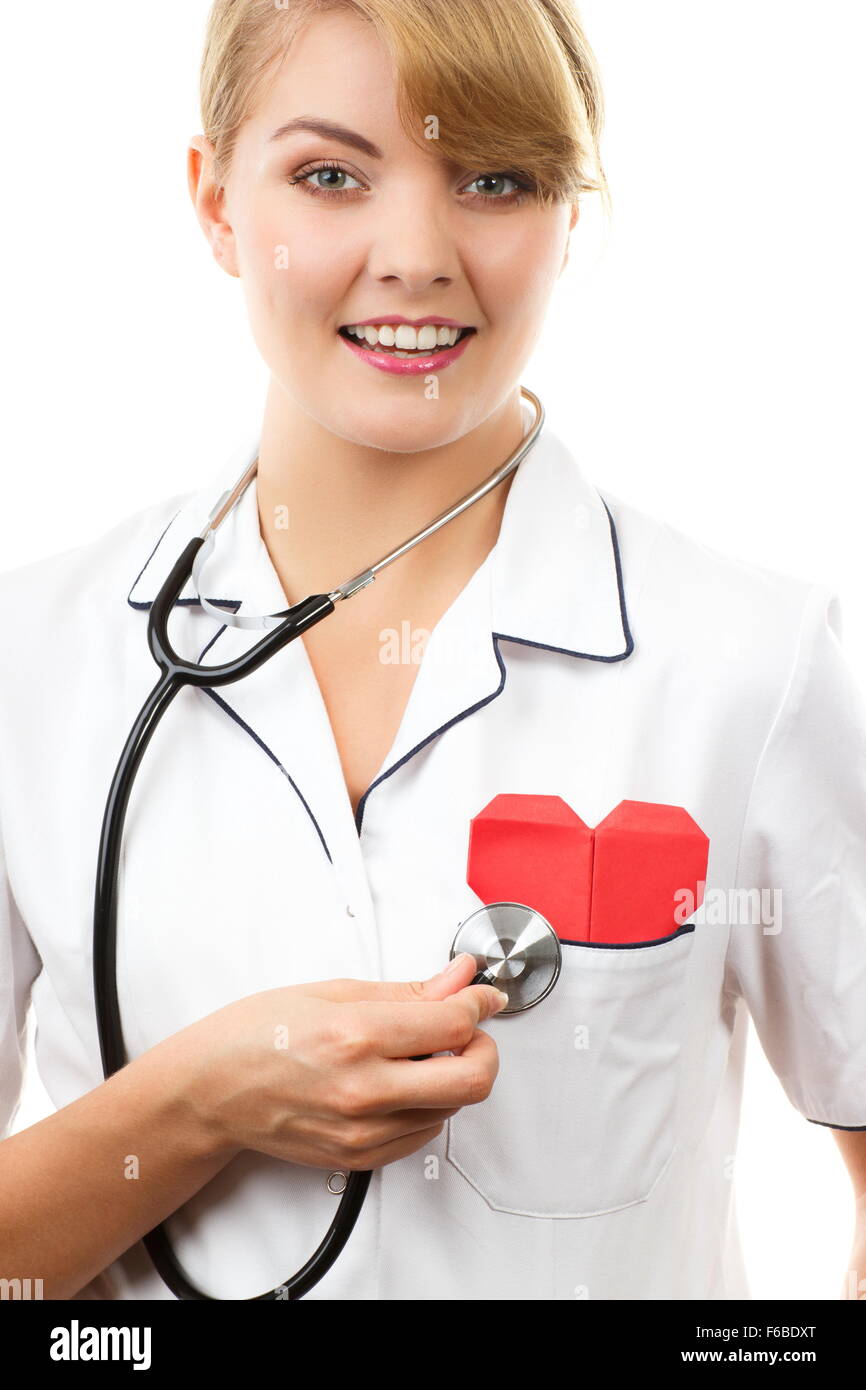 Smiling Woman Doctor Cardiologist In White Apron With Stethoscope