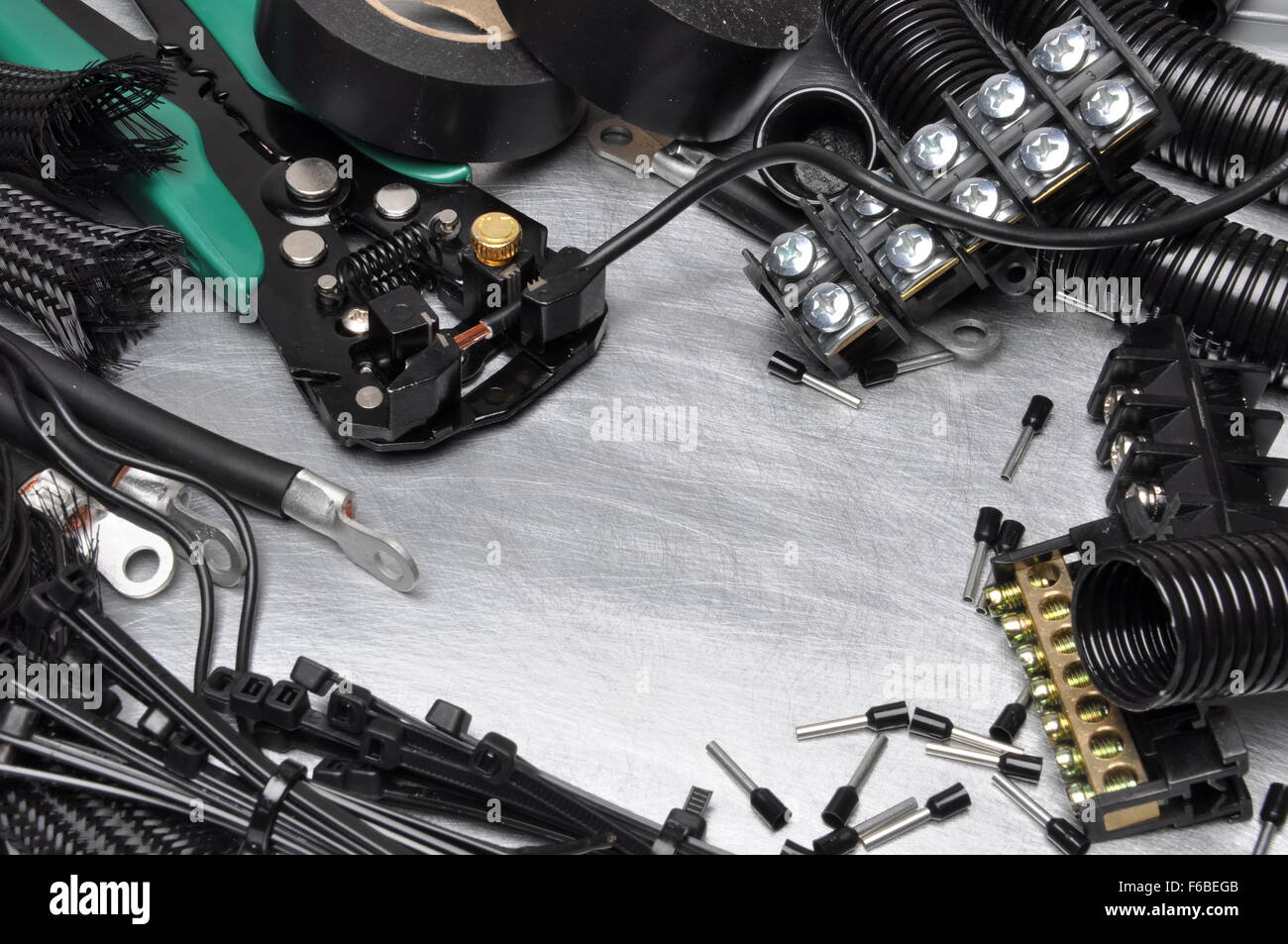 Tools and component kit for use in electrical installations Stock Photo ...