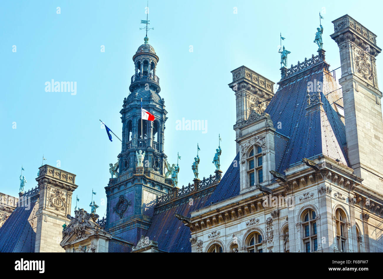 The Hotel de Ville top, City Hall in Paris, France. Build in 1533-1835 ...