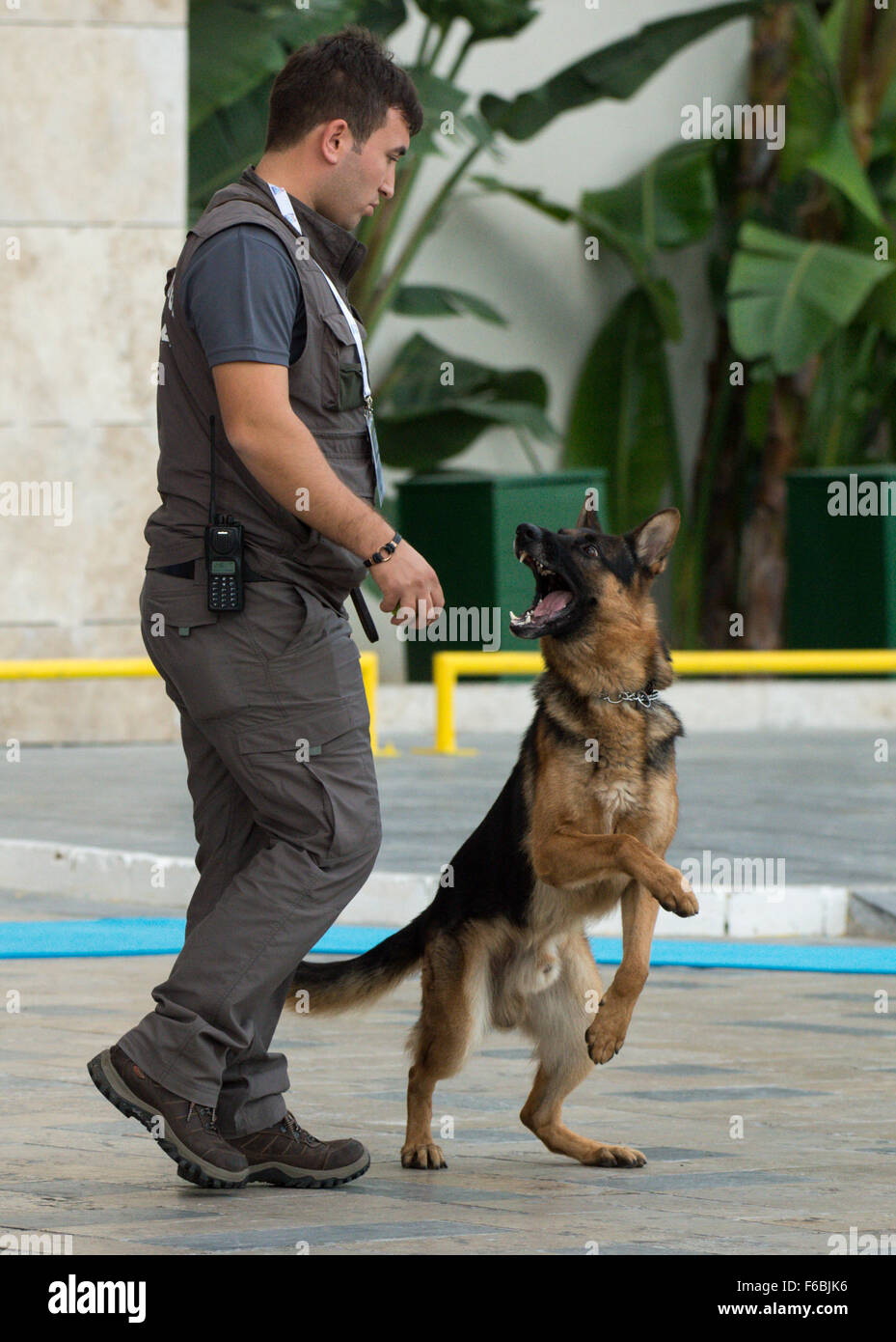 A Turkish police officer walks past the entrance for guests of state ...