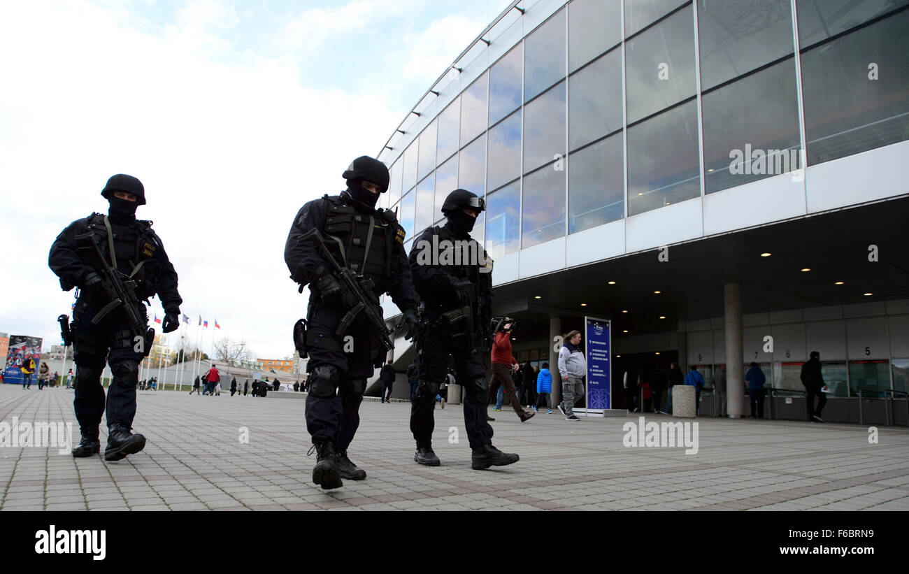 Police officers guard in front of the O2 Arena prior to the tennis Fed ...