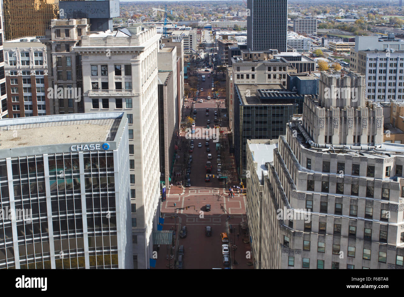 High level view of streets, hotels and office buildings in downtown ...