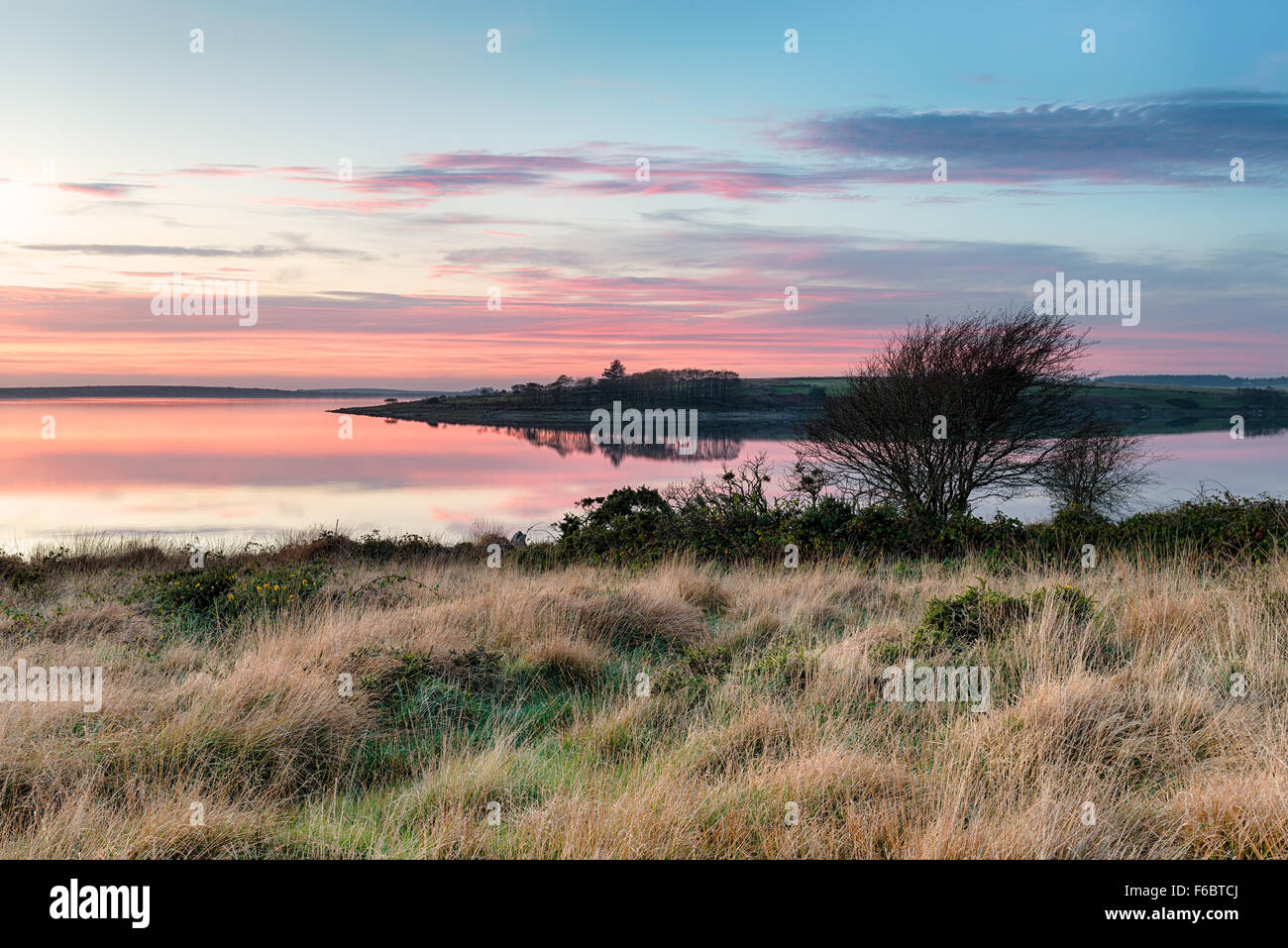 Dusk at Colliford Lake, a large reservoir on Bodmin Moor in Cornwall ...