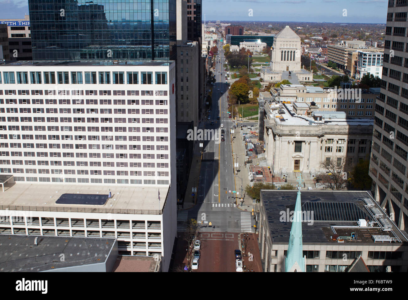 High level view of streets, hotels and office buildings in downtown ...