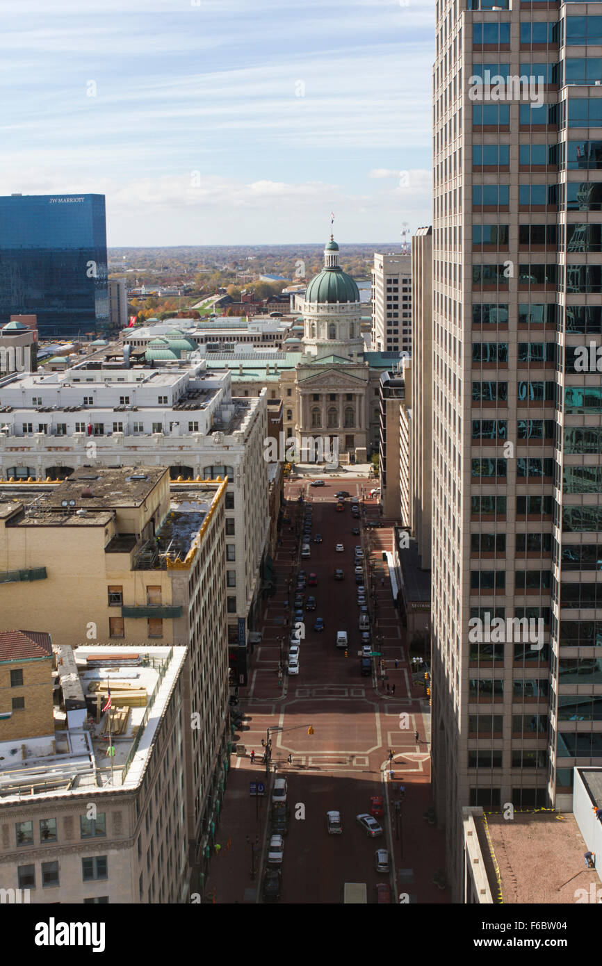 High level view of streets, hotels and office buildings in downtown ...