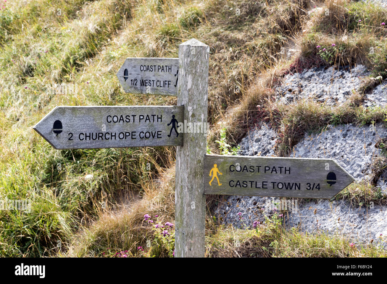 Coastal path direction signs on the isle of Portland in Dorset Stock ...