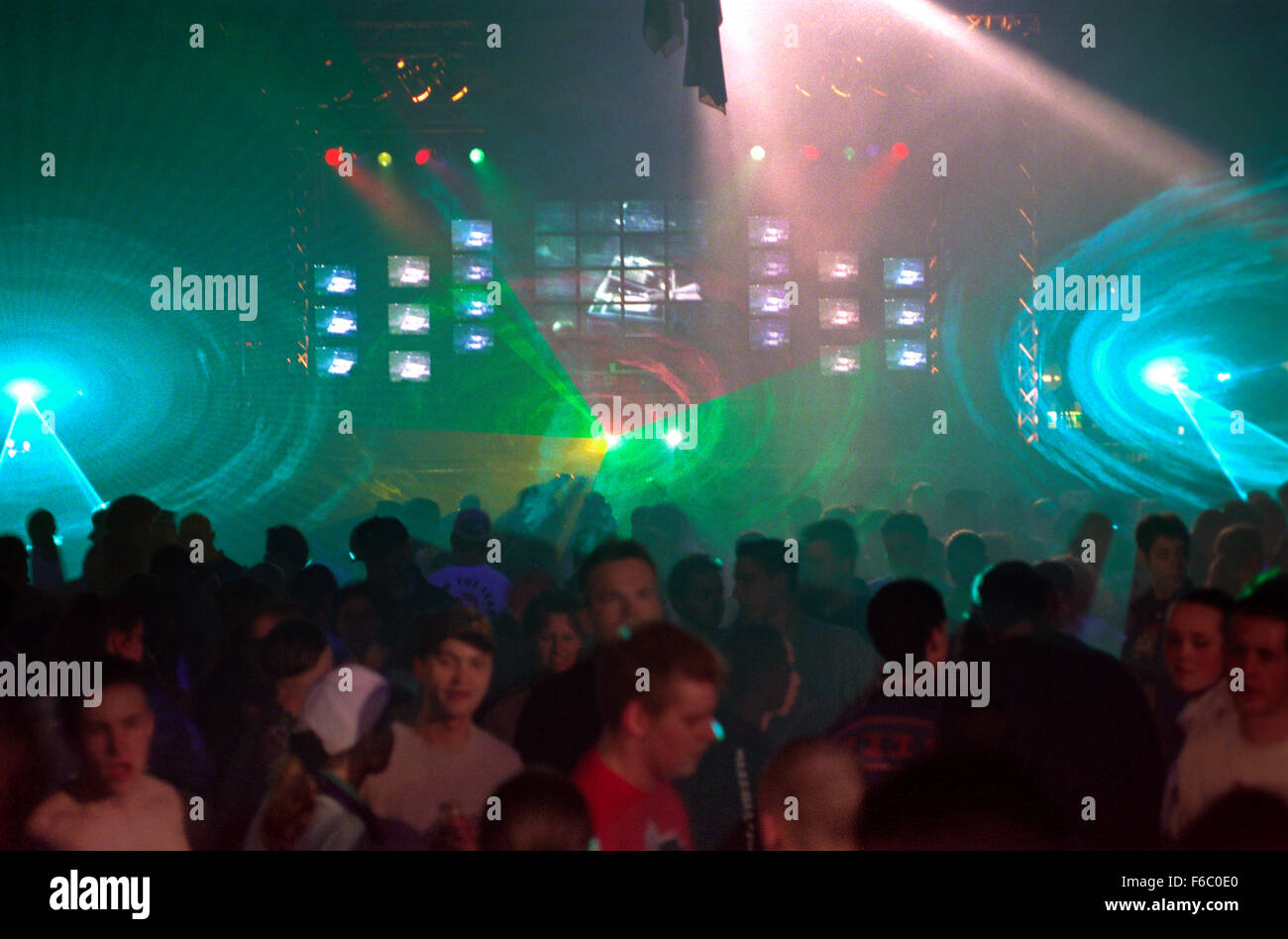 Rave club in Utrecht near Amsterdam, the Netherlands. Dark lit dance ...