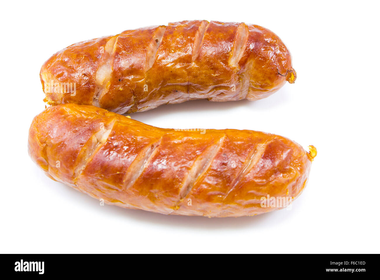 Two cooked sausages, side by side on white background Stock Photo - Alamy