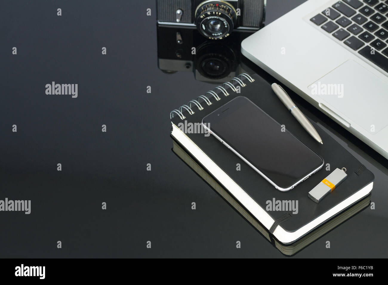 Office table with computer, phone and supplies Stock Photo - Alamy