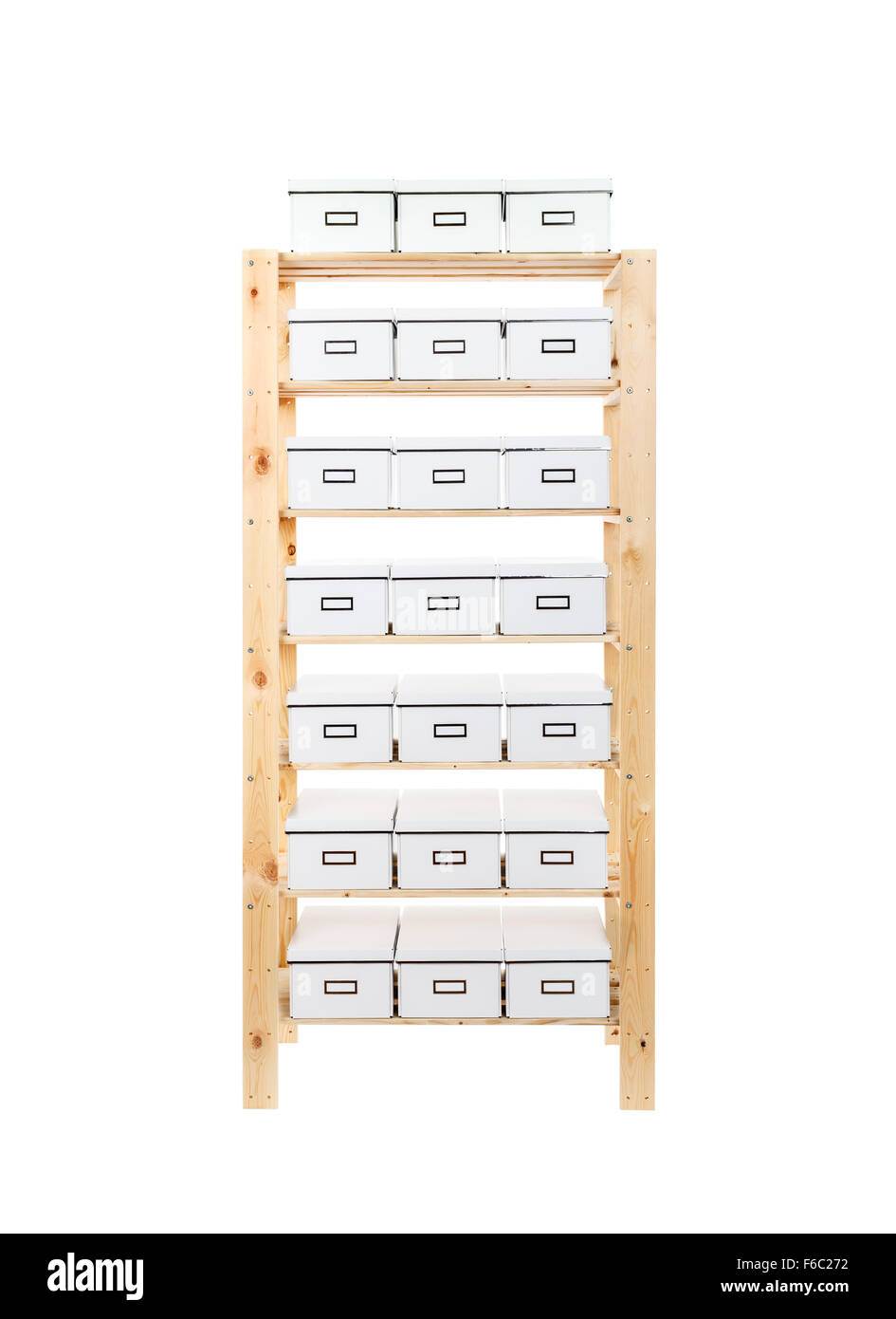 Cardboard boxes on shelves isolated on white background Stock Photo - Alamy