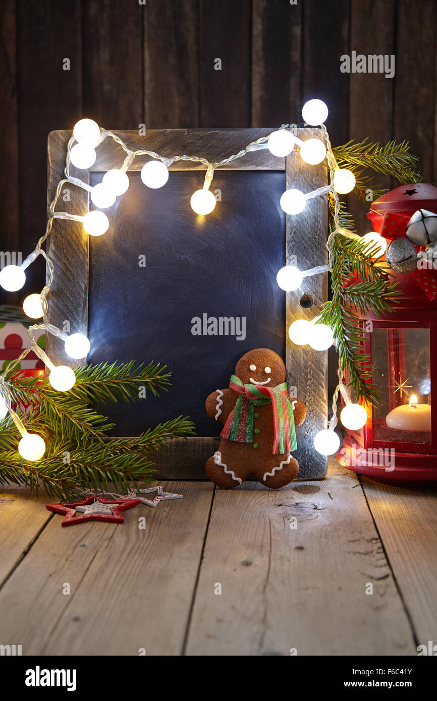 Christmas decoration with chalkboard and gingerbread man Stock Photo ...