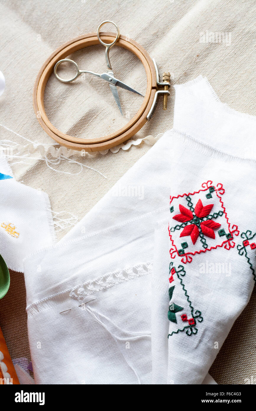 Openwork embroidery, incomplete work in progress and tools for ...