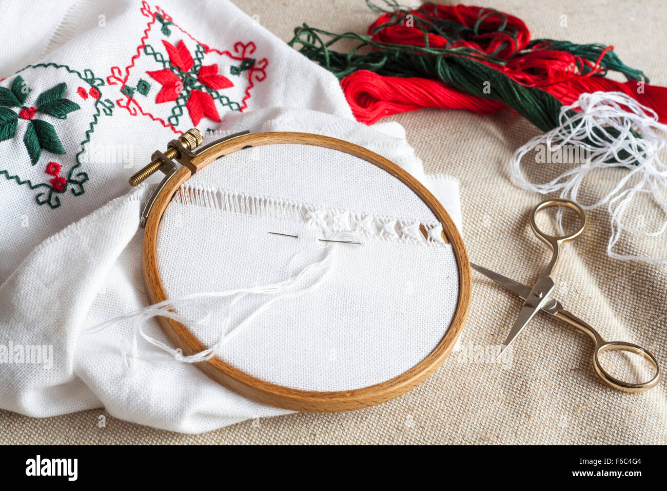 Openwork embroidery, incomplete work in progress and tools for ...