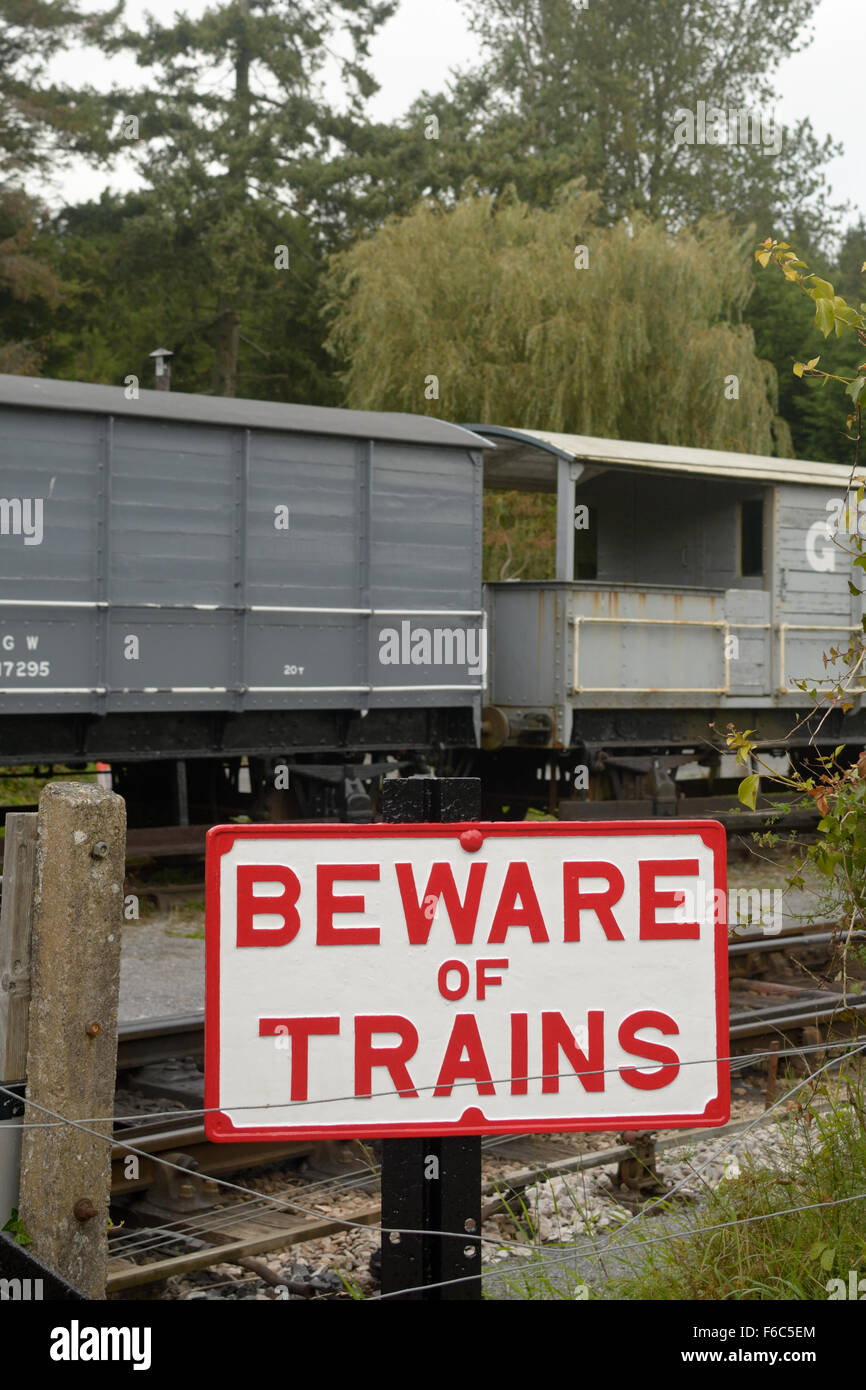 Beware of Trains sign at Staverton Railway Station in Devon, England ...