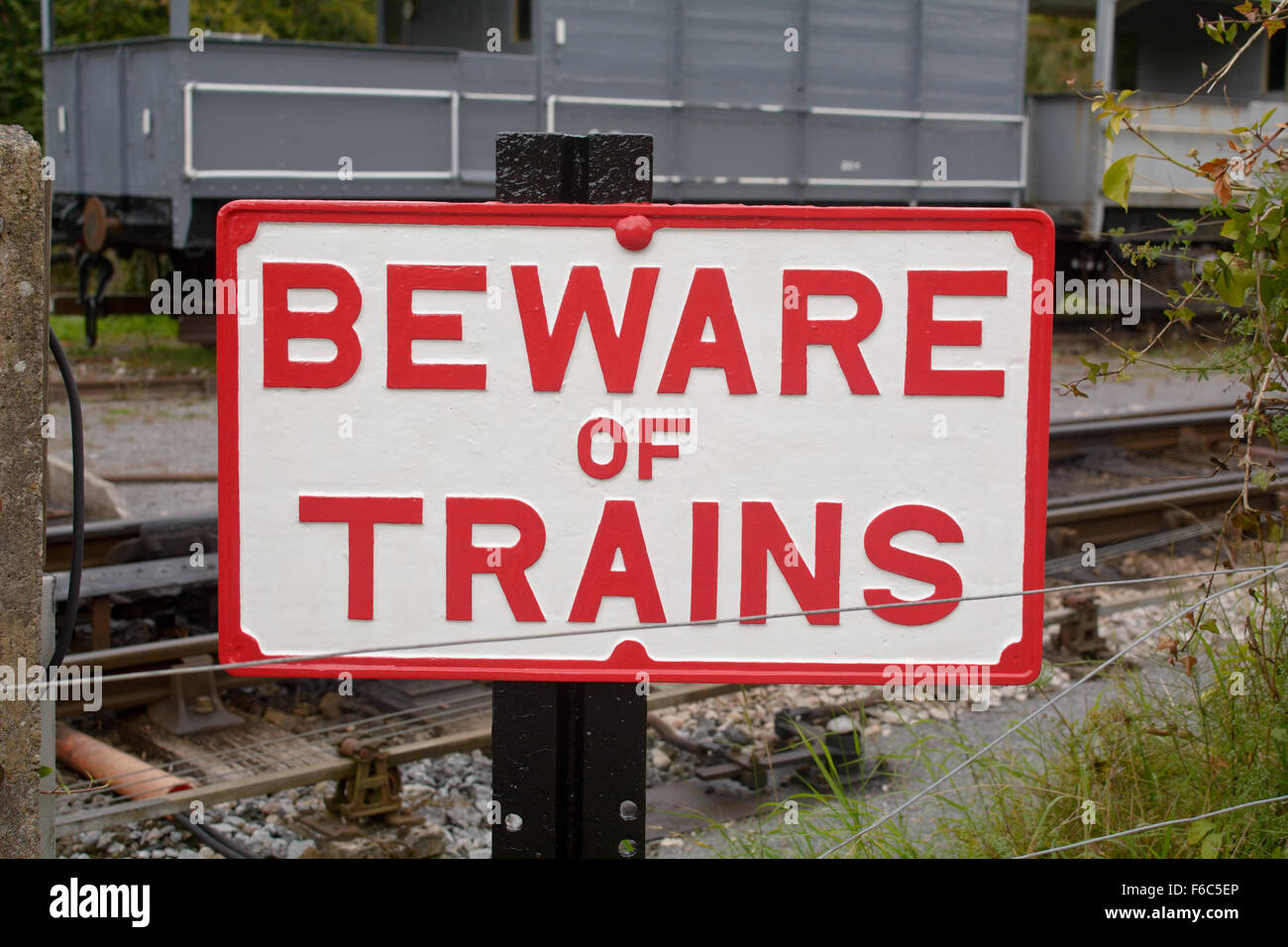 Beware of Trains sign at Staverton Railway Station in Devon, England ...