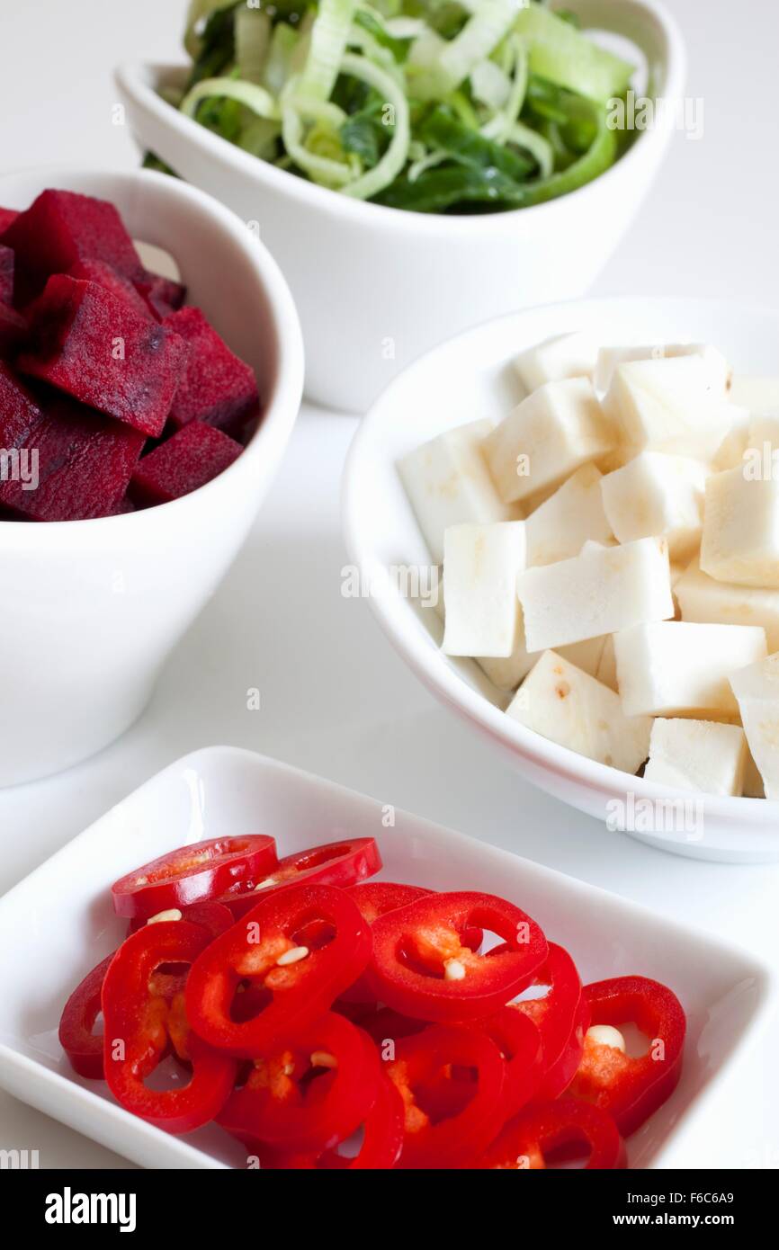 Prepared vegetables, sliced red chilli, diced beetroot, sliced leeks ...