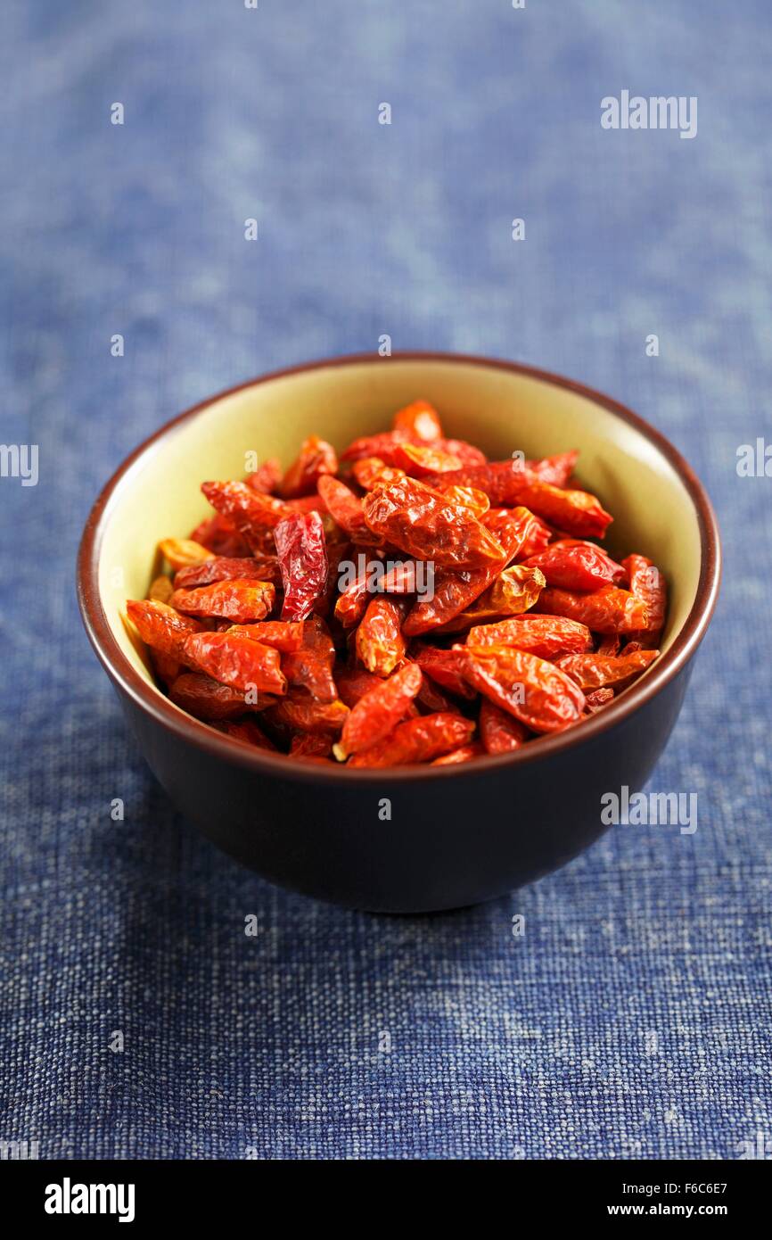 Dried chilli peppers in a small bowl Stock Photo - Alamy