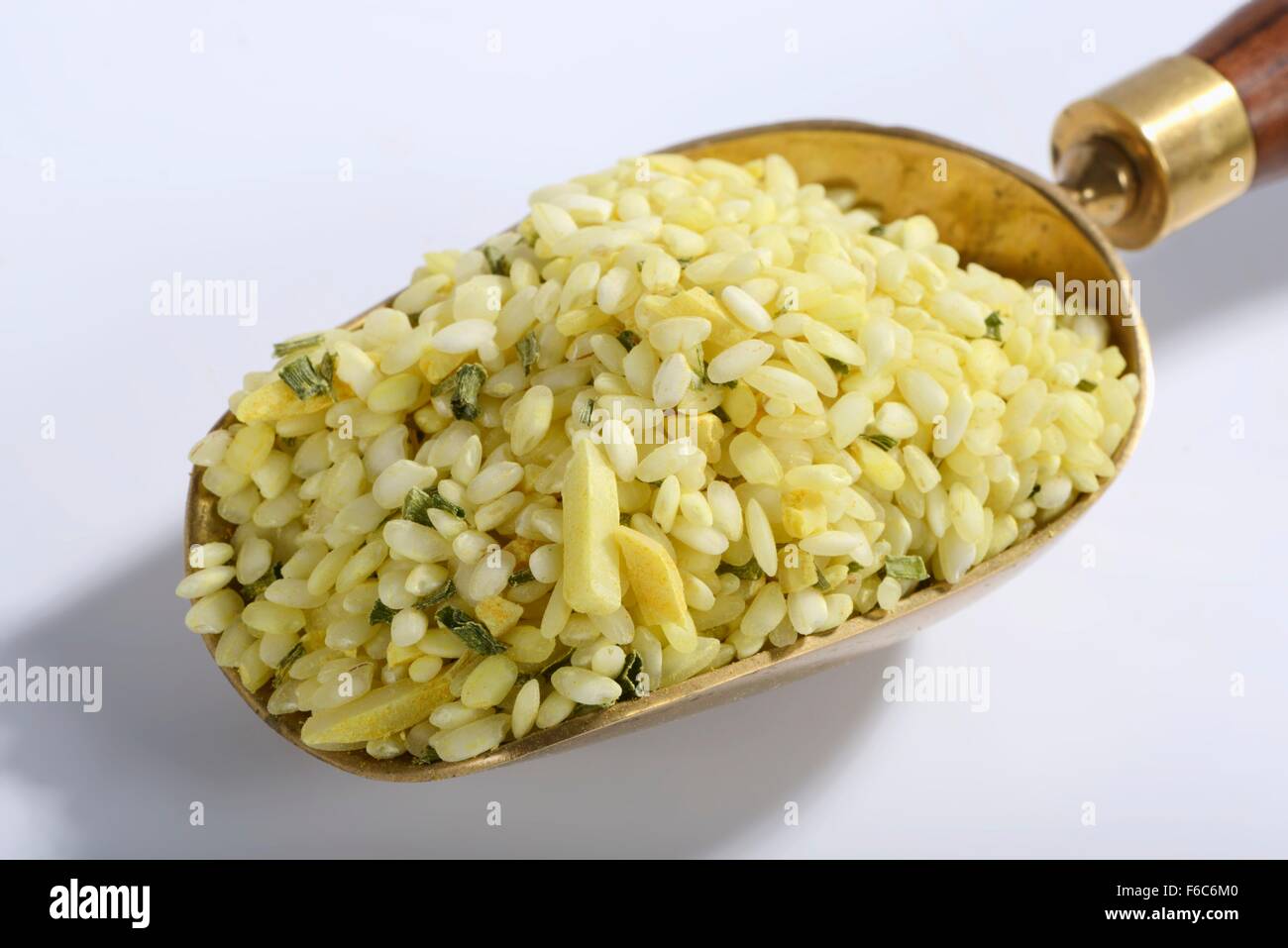 Vialone Nano risotto rice with almonds, lemon oil, turmeric and chives ...