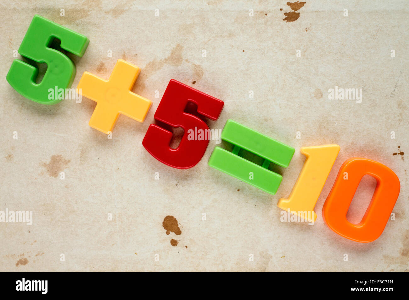 Five add five, simple math addition on old canvas background Stock ...