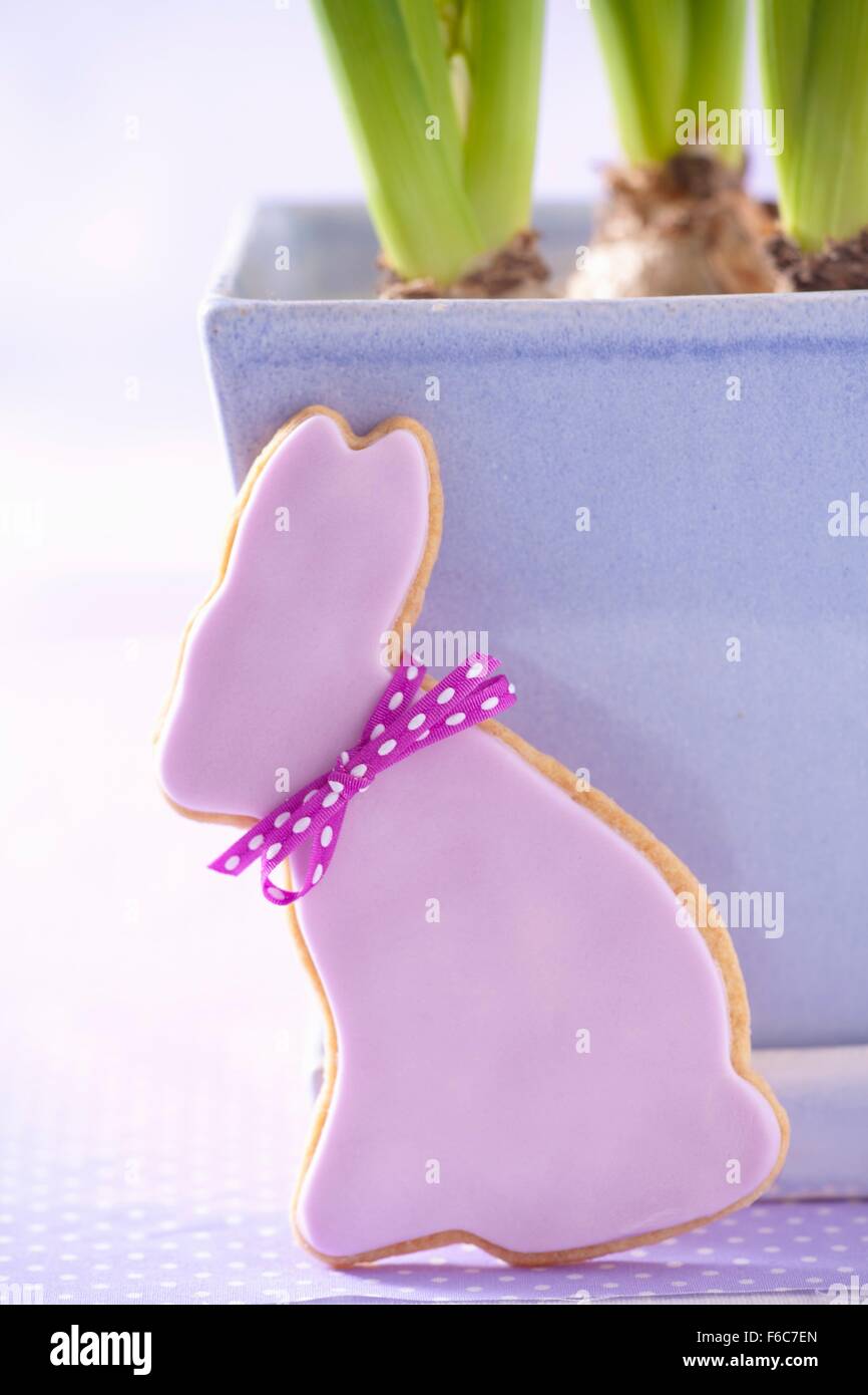 An Easter rabbit-shaped biscuit in front of a blue flowerpot Stock ...