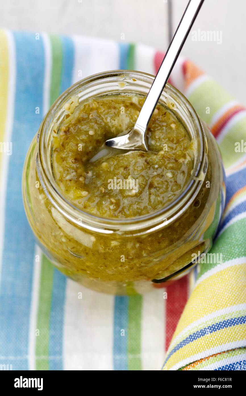 Jar of Salsa Verde; Open with Spoon; From Above Stock Photo - Alamy