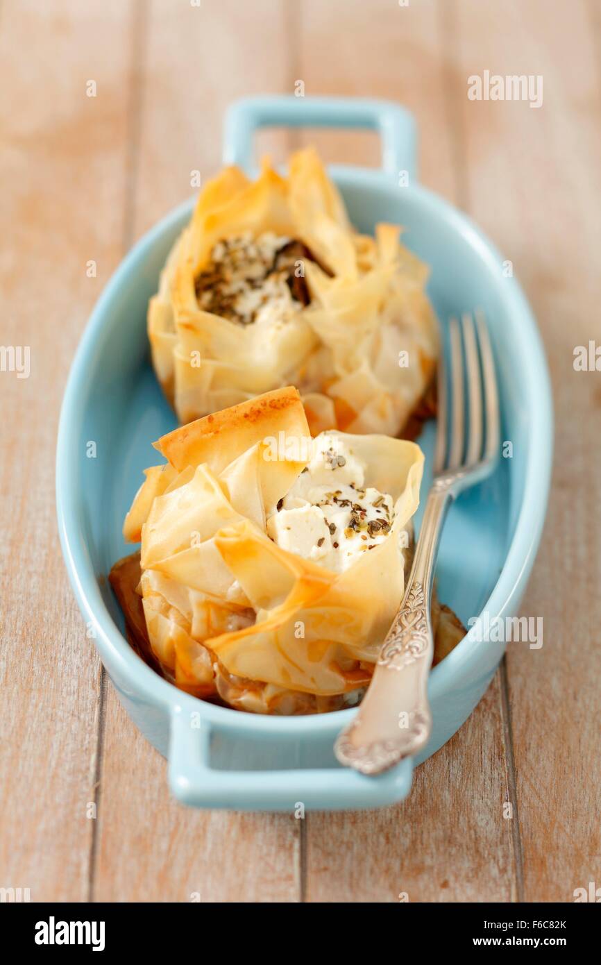 Filo pastry with moussaka and feta Stock Photo - Alamy