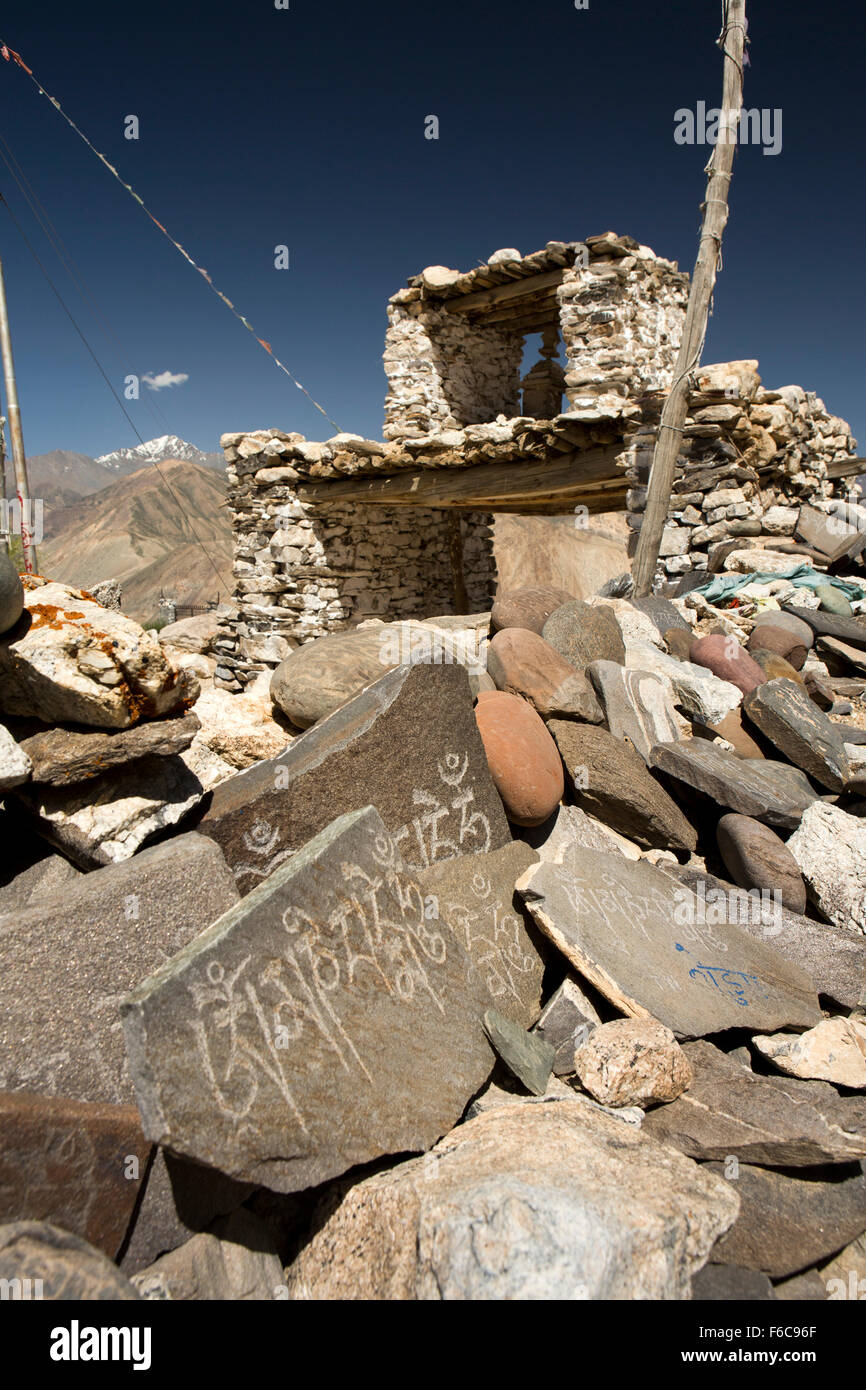 India, Himachal Pradesh, Yangthang, unusual, mani wall and village ...