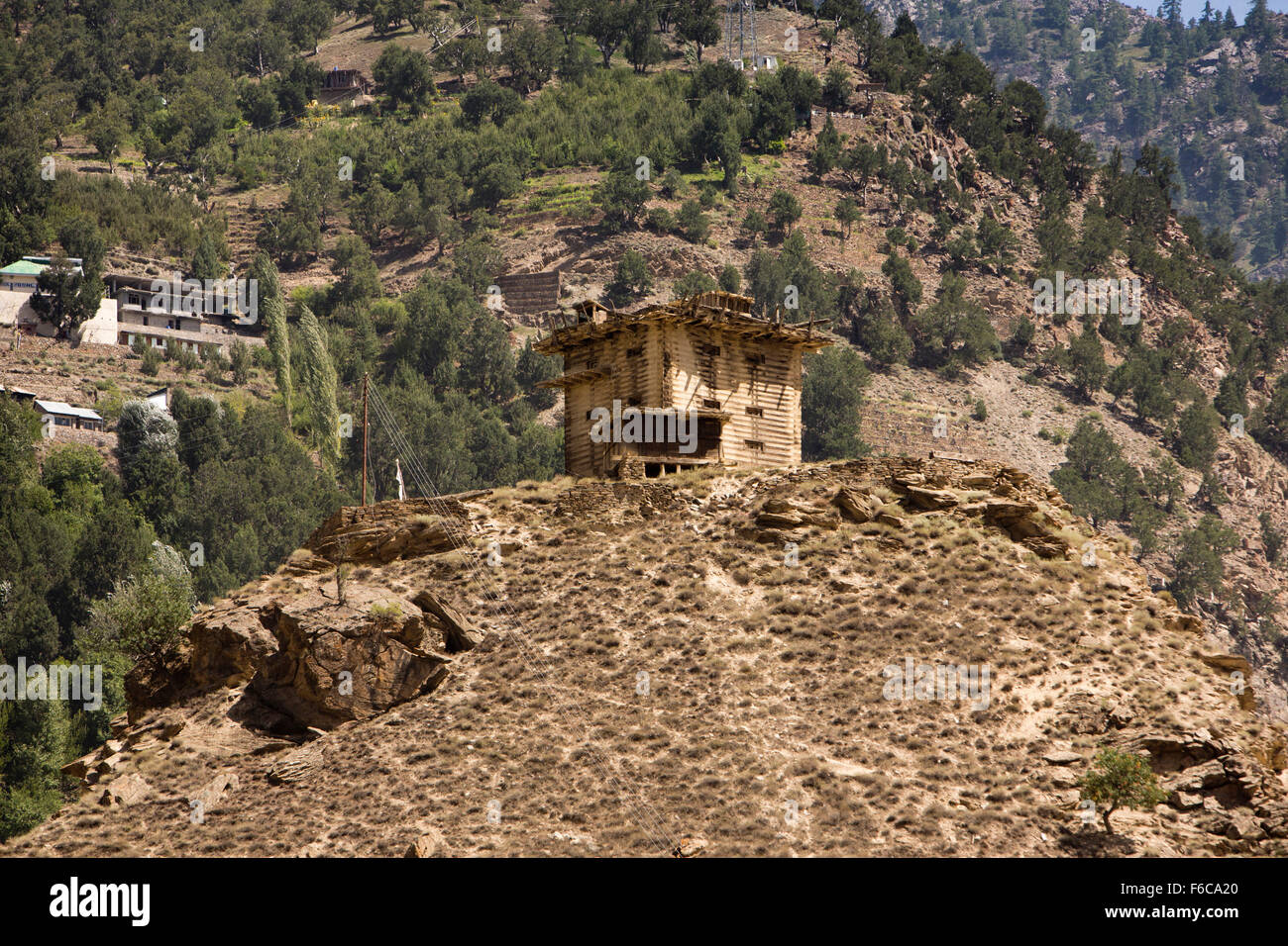 India, Himachal Pradesh, Kinnaur, Moorang, square wooden fort on ...