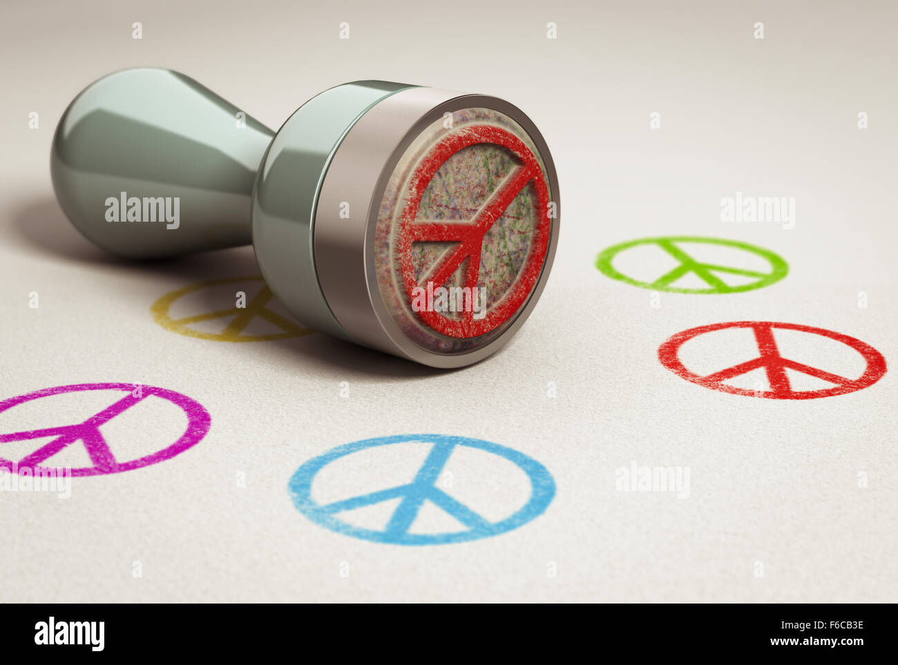 Rubber stamp over paper background with peace and love symbol printed ...