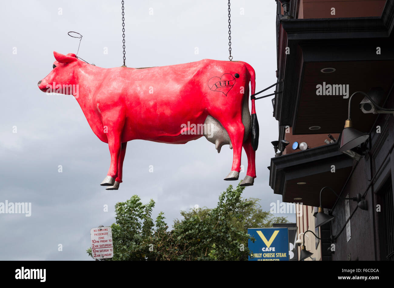 Red cow sign outside nightclub, San Francisco, California, USA Stock ...